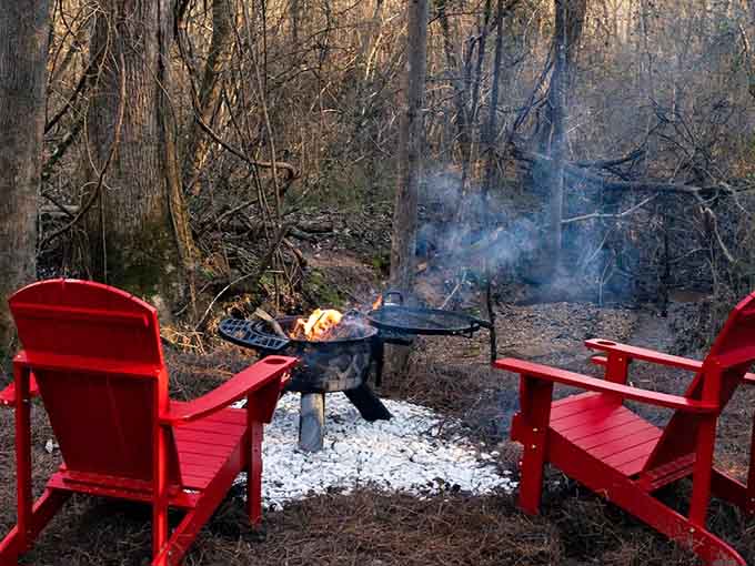 Two red chairs facing a smoky, crackling fire with bare winter trees all around. Pure, unfiltered peace.