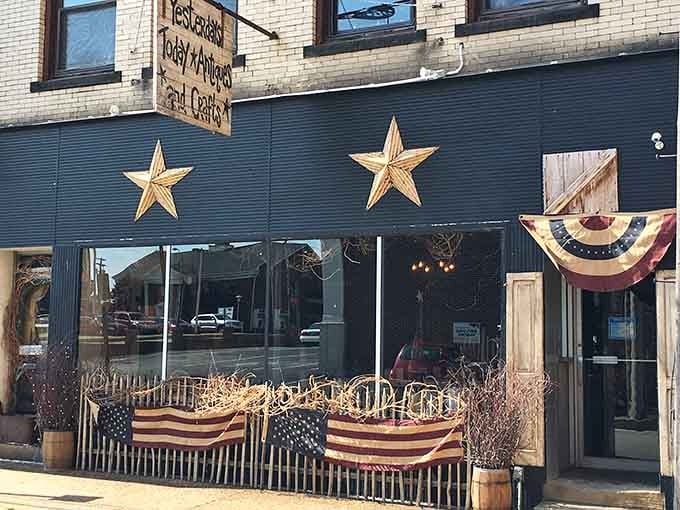 Patriotic storefront wearing stars and stripes proudly, celebrating Americana with the enthusiasm of a Fourth of July parade.