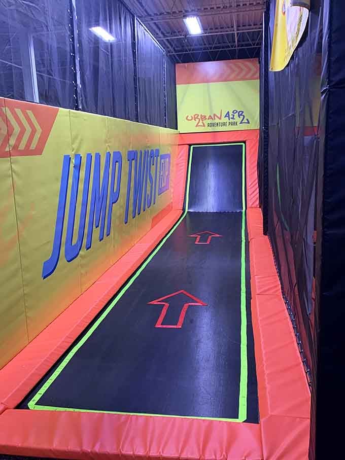 Bold orange walls, arrows pointing forward, the Jump Twist Flip zone is basically a polite way of saying, go wild.