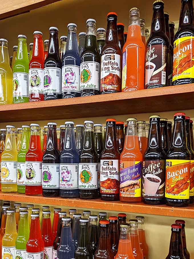 Buffalo Wing Soda and Bacon Soda sitting side by side, proof that flavor adventurers are very well served here.