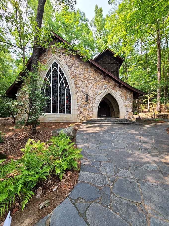 Tucked quietly among the Georgia pines, this stone chapel looks like something straight out of a storybook forest.