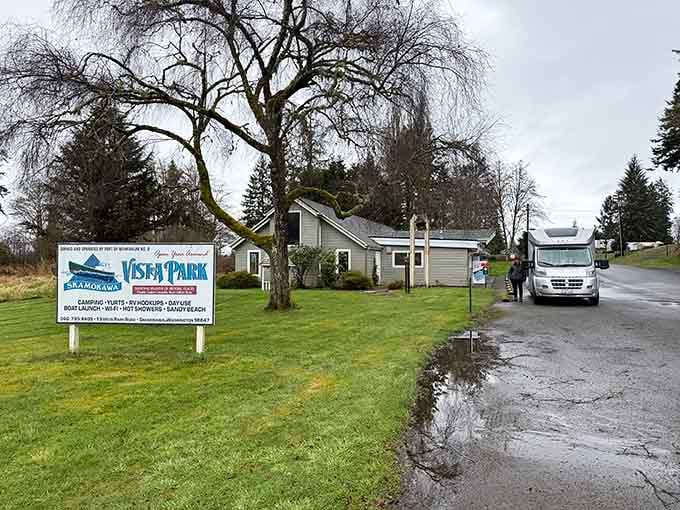 The sign says it all. Camping, yurts, hot showers, Wi-Fi. Vista Park thought of everything.