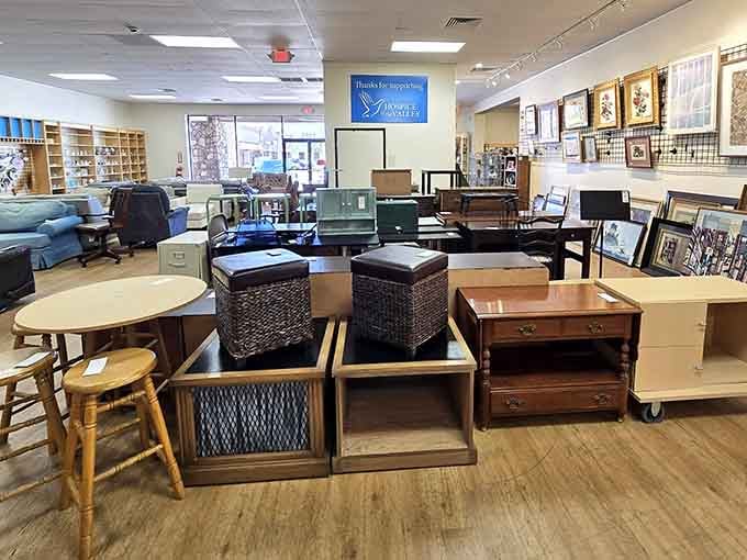Furniture displays showcase everything from ottomans to coffee tables, all waiting for second chances.