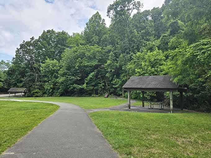Shaded picnic shelters tucked into the trees, because nature knew you'd want to linger a little longer.