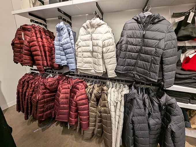 Rows of puffer jackets in rich burgundy, cream, and slate gray, Oregon winters just met their match.