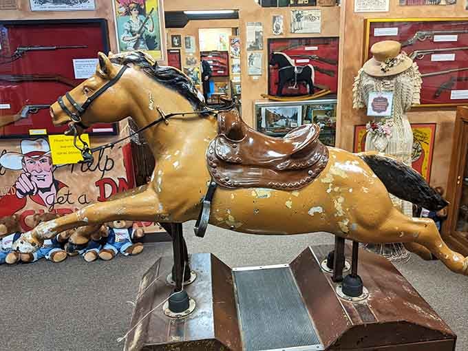 This vintage carousel horse at the World's Largest Toy Museum Complex has seen things, and it's still galloping strong.