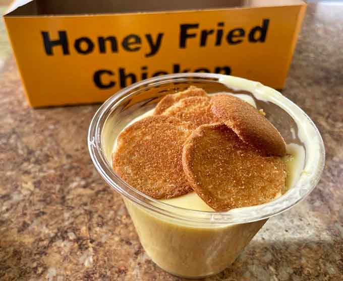 Banana pudding with those little cookies on top, the kind of dessert that makes you forget what you were worried about.