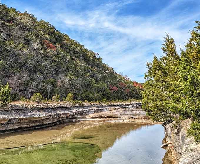 Autumn colors blaze along the canyon walls at Balcones Canyonlands, where the creek below catches every last bit of that warm light.