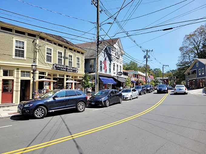 Simon's Marketplace sign hangs above a cheerful row of storefronts, signaling that Chester's Main Street is the kind of place where locals actually linger.