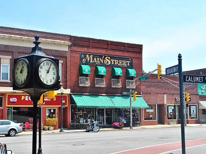 Chesterton's corner clock keeps perfect time outside the Main Street shops, because some things in this town simply refuse to rush.