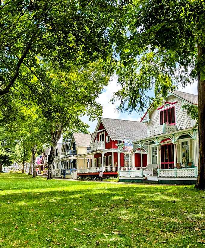 Victorian cottages painted in cheerful rainbow hues create a neighborhood so charming it looks like someone's elaborate dollhouse collection.