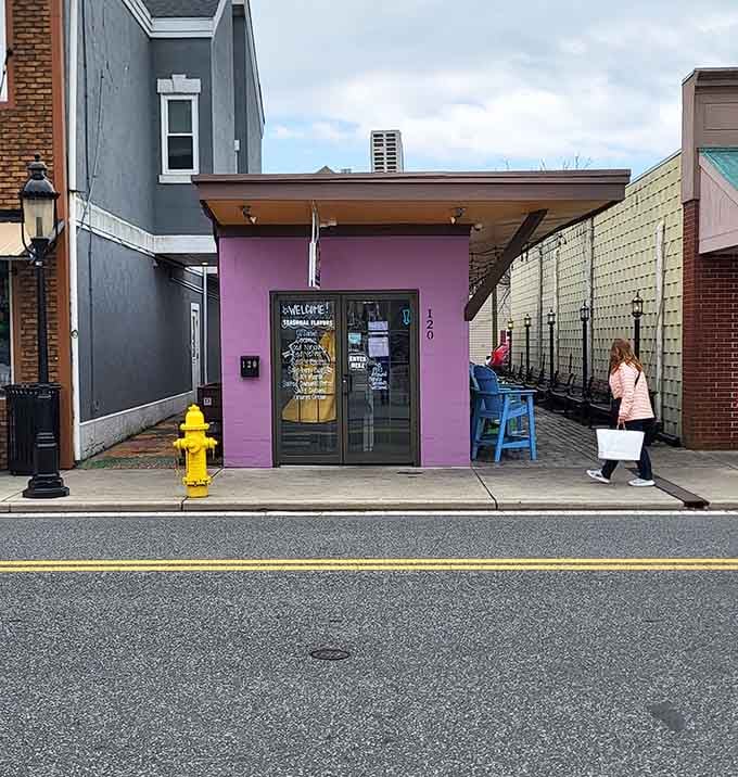 That vivid purple building on Berlin's Main Street stops foot traffic cold — Island Creamery knows exactly what it's doing with that color.