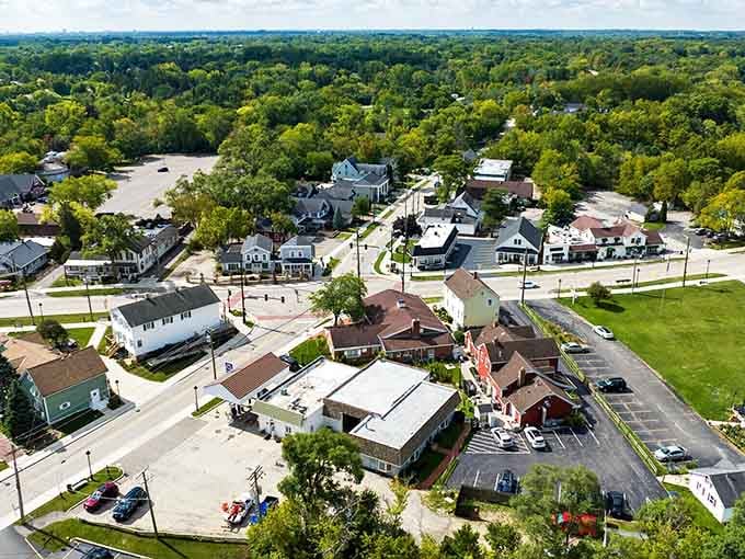 Long Grove from above looks like a village tucked lovingly into a green quilt, peaceful and perfectly placed among the trees.