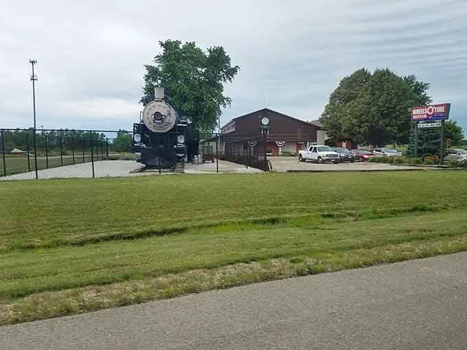 That vintage locomotive standing guard outside the Wheels O' Time Museum in Dunlap looks ready to roll, even after all these years.