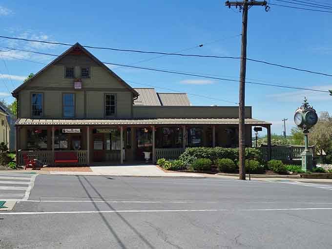 A classic covered porch and a decorative street clock make Eagles Mere's corner feel like a Norman Rockwell painting come to life.