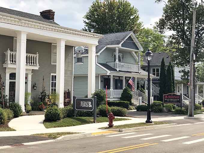 Scout and Forge's bold signage in front of Long Grove's columned building proves that great style and small-town charm are not mutually exclusive.