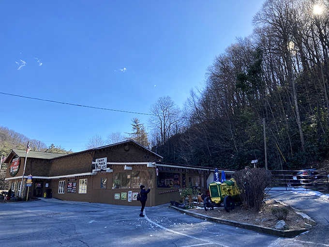 Icicles hang from the eaves on a brilliant winter morning, giving Mystery Hill's entrance a frosty, wonderfully mysterious mountain welcome.