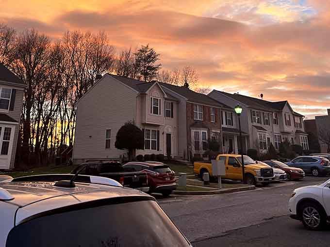 Sunset paints the sky over Nottingham's neighborhoods, where everyday Maryland life unfolds beneath a name that echoes old England's historic towns.