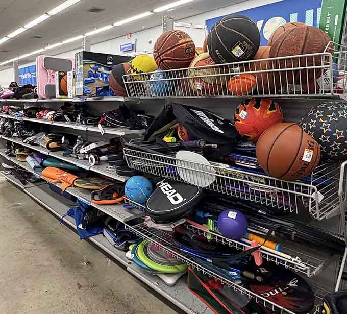 Basketballs, rackets, and gear piled high &mdash; your next hobby is sitting right there on that shelf.