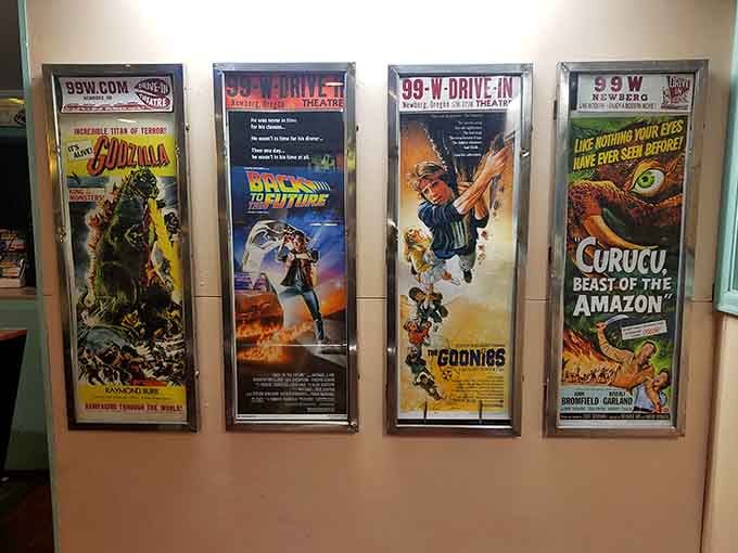 Godzilla, Back to the Future, The Goonies. These vintage posters on the wall are basically a greatest hits collection.