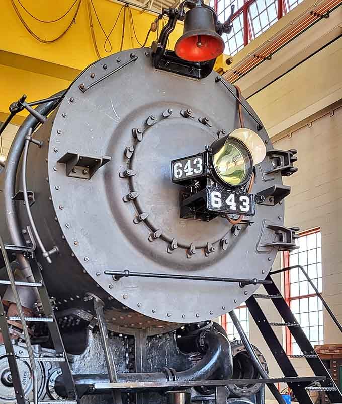 Locomotive 643 stares you down with one brass headlamp eye, daring you not to be impressed.