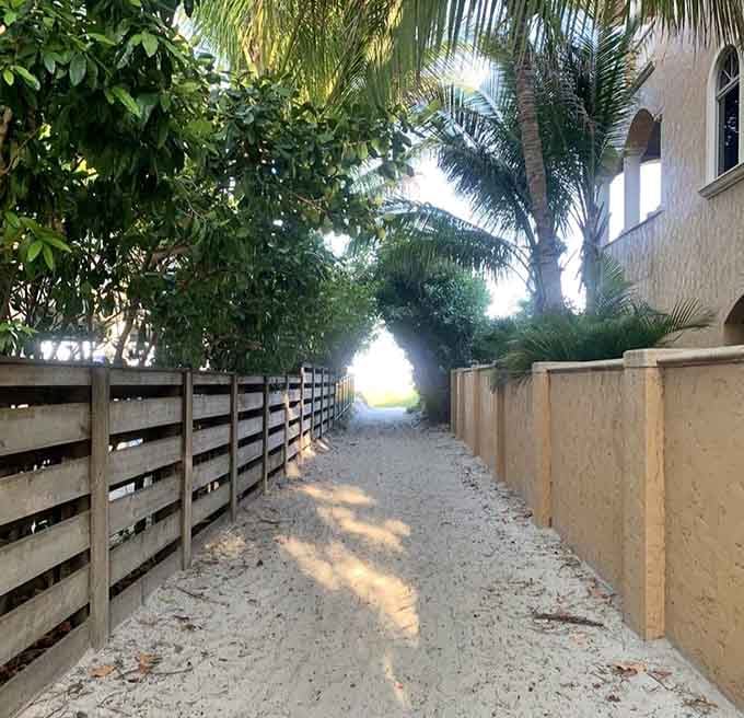 A sandy path tunneling through lush tropical greenery, with bright Gulf light glowing at the end. Nature's version of a welcome mat.