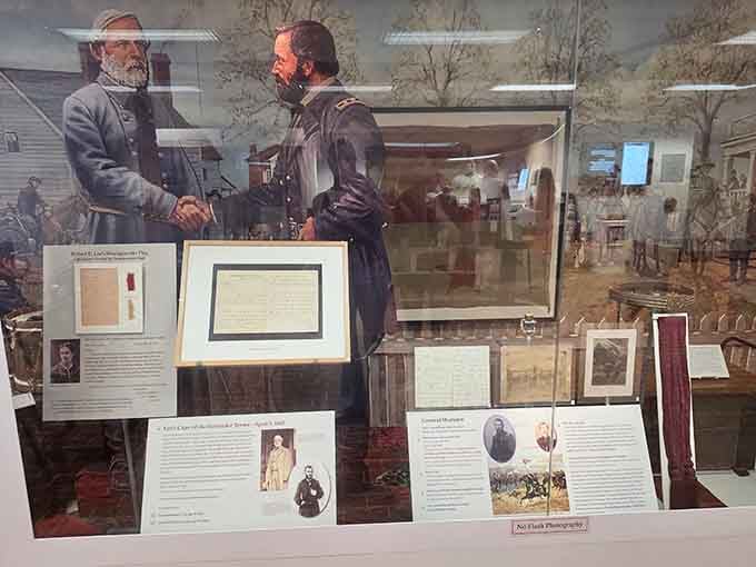 Original documents and a dramatic painted handshake tell the story better than any Hollywood production ever managed.