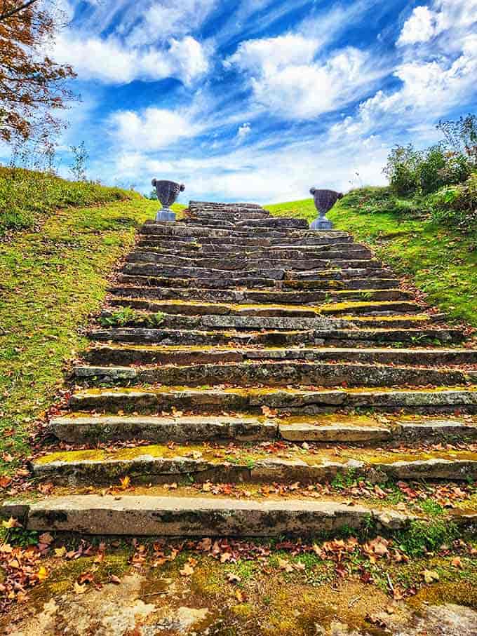 Leaf-covered stone steps rising toward an open sky, flanked by iron urns, looking like the staircase to somewhere genuinely wonderful.