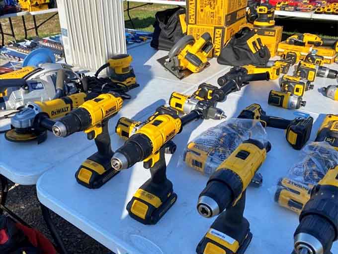 A full spread of DeWalt power tools laid out like a handyman's birthday wish list.