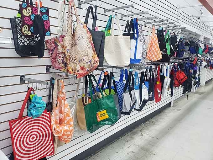 Tote bags for every occasion hanging in a cheerful lineup. Reusable, affordable, and honestly more stylish than you'd expect.