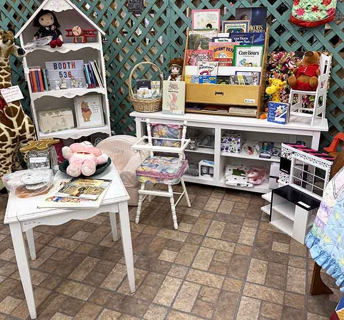 A charming children's booth full of books, toys, and nostalgic pieces that feel like a warm hug.