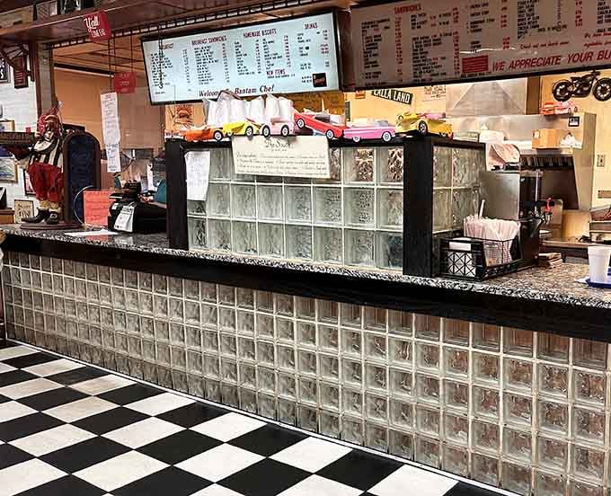 The Bantam Chef counter, where tiny toy cars cruise past the menu like it's their personal highway.