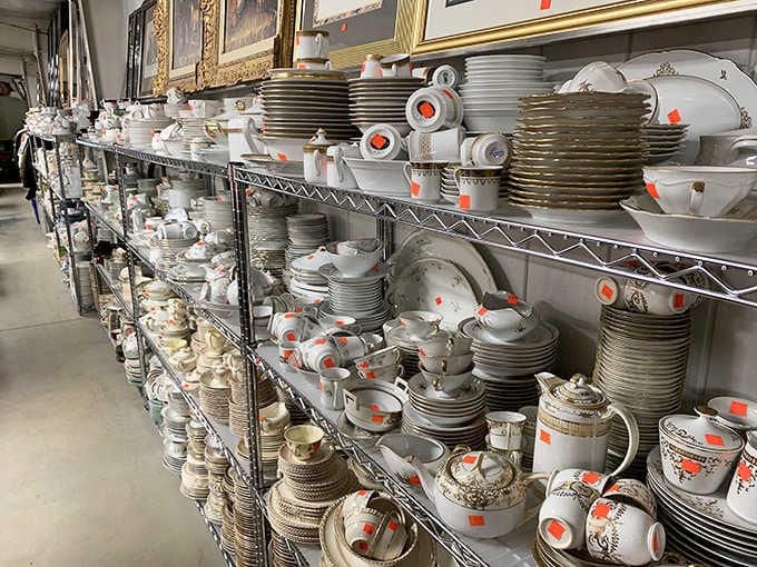 Rows of fine china and porcelain stacked high, enough to make your grandmother genuinely emotional.