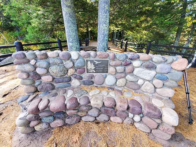 A stone memorial built from Lake Superior's own rocks. The lake gives, and the lake remembers.
