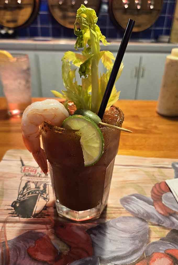 This Bloody Mary comes loaded with enough garnishes to qualify as both drink and appetizer in one glorious glass.