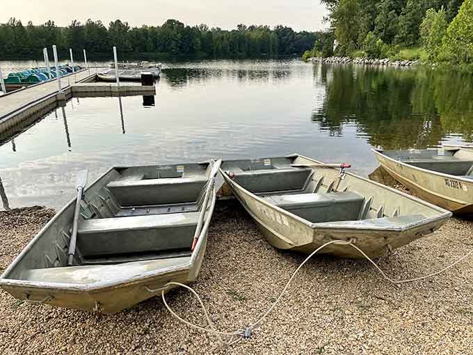 Aluminum rowboats lined up at the shore, simple, honest, and ready to take you somewhere peaceful.