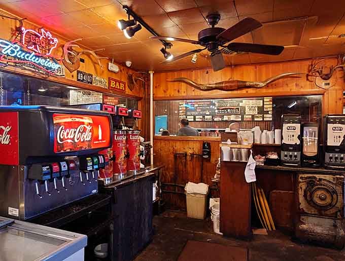 Longhorn mounts, a Budweiser sign, a ceiling fan, and a Coca-Cola machine, this bar area is Texas in one single glance.