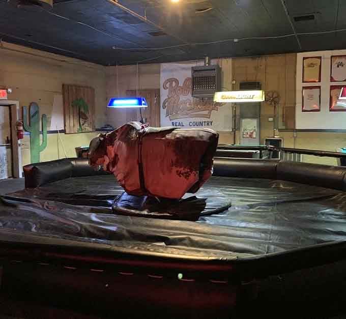 That mechanical bull sits ready for brave souls, though it's probably the least scary thing in here.