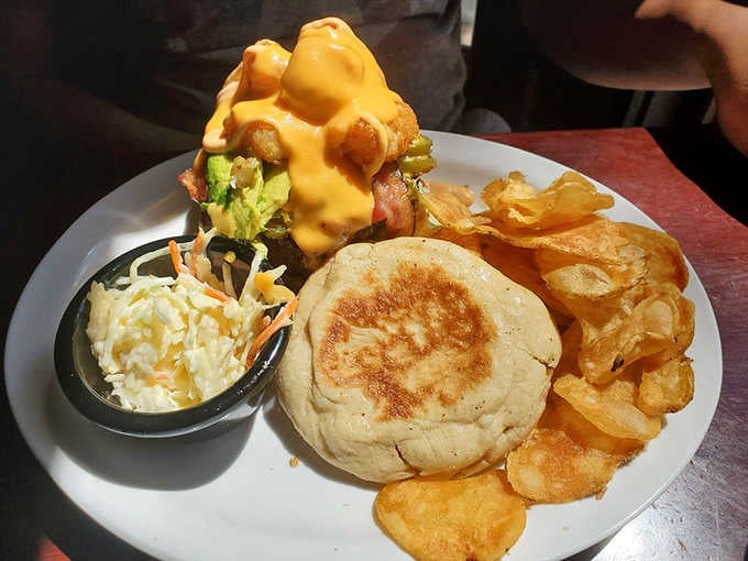 A burger so generously loaded with toppings it arrives looking like it has somewhere important to be.