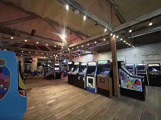 Vintage arcade cabinets and string lights make this the coolest rainy-day hideout in the mountains.