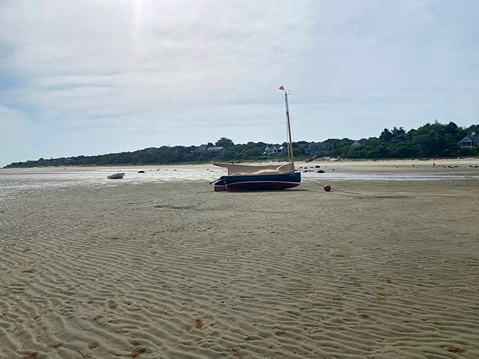 A small sailboat resting on the exposed flats looks like it simply decided to take the afternoon off.