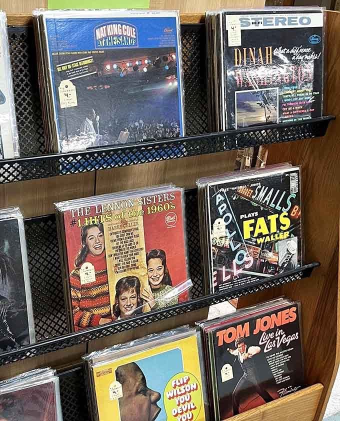 Nat King Cole, Dinah Washington, Tom Jones, and the Lennon Sisters all sharing shelf space. This record rack has genuinely excellent taste.