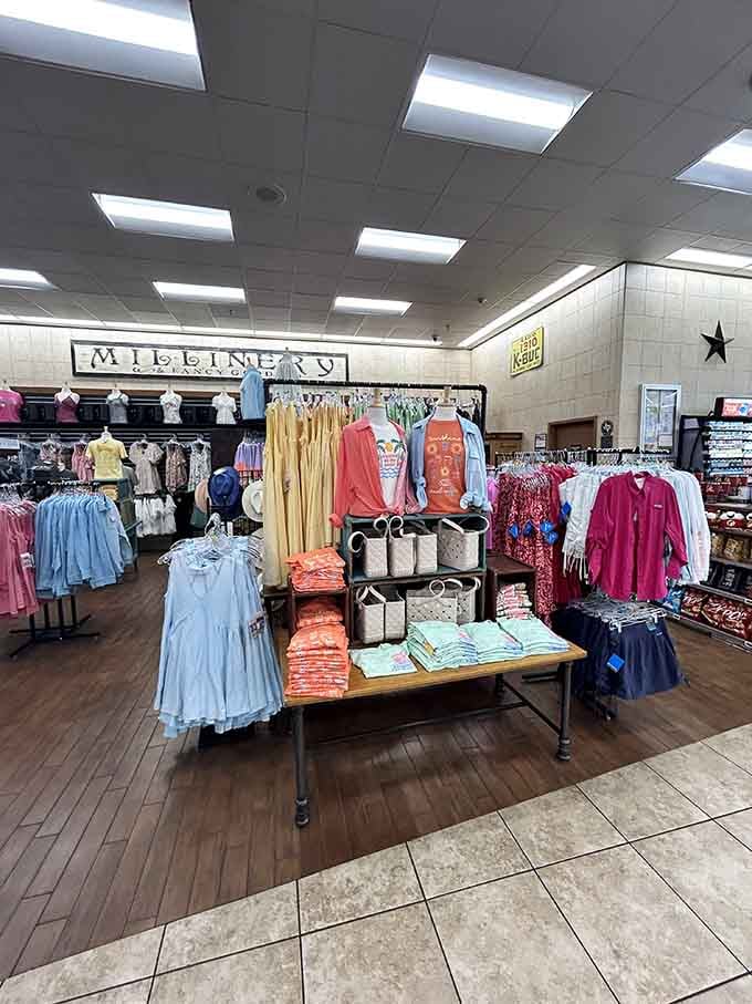 The Millinery section offers breezy dresses and casual tops, proving Buc-ee's has serious fashion ambitions too.