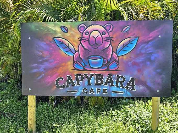 The Capybara Cafe sign sets the tone perfectly, colorful, cheerful, and holding a tiny cup of coffee.