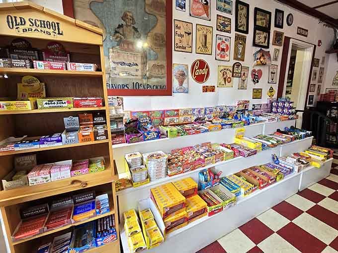 Rows of nostalgic candy stretching wall to wall, with vintage signs watching over every delicious square inch.