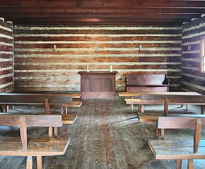 Simple wooden benches in the meetinghouse where frontier families gathered for worship and community in challenging times.