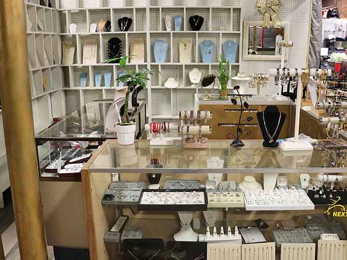 Necklaces, rings, and earrings displayed with genuine care, proof that treasure hunting is alive and well in Winston-Salem.