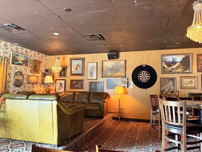 That dartboard and leather couch combo screams proper British pub, minus the need for an actual transatlantic flight.
