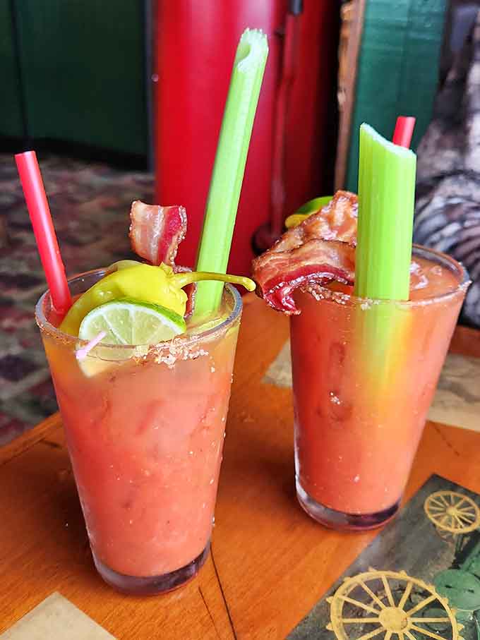Bloody Marys garnished with bacon and celery, because Country Cousin believes brunch should always bring its best self.