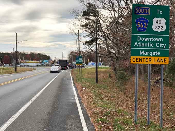 Signs directing you toward Atlantic City and Margate, though the real attraction is the journey itself.